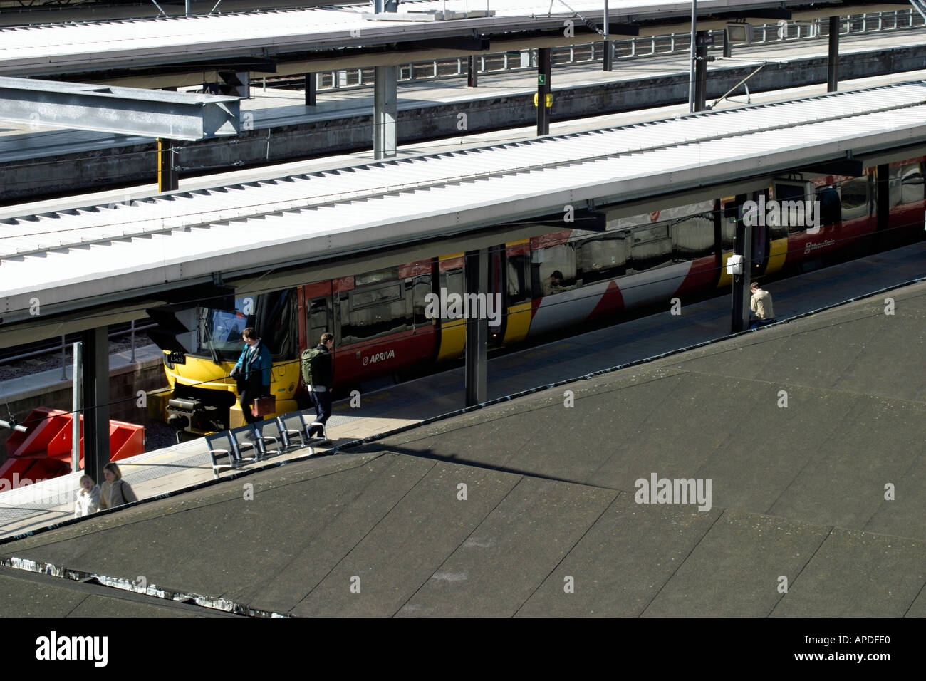 Local train standing at platform Leeds city Station Viewed from above ...