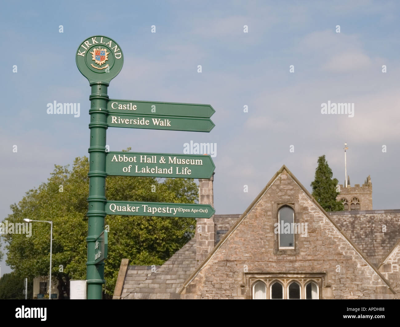 TOURIST SIGNPOST with Kendal towns coat of arms Kendal Cumbria England ...
