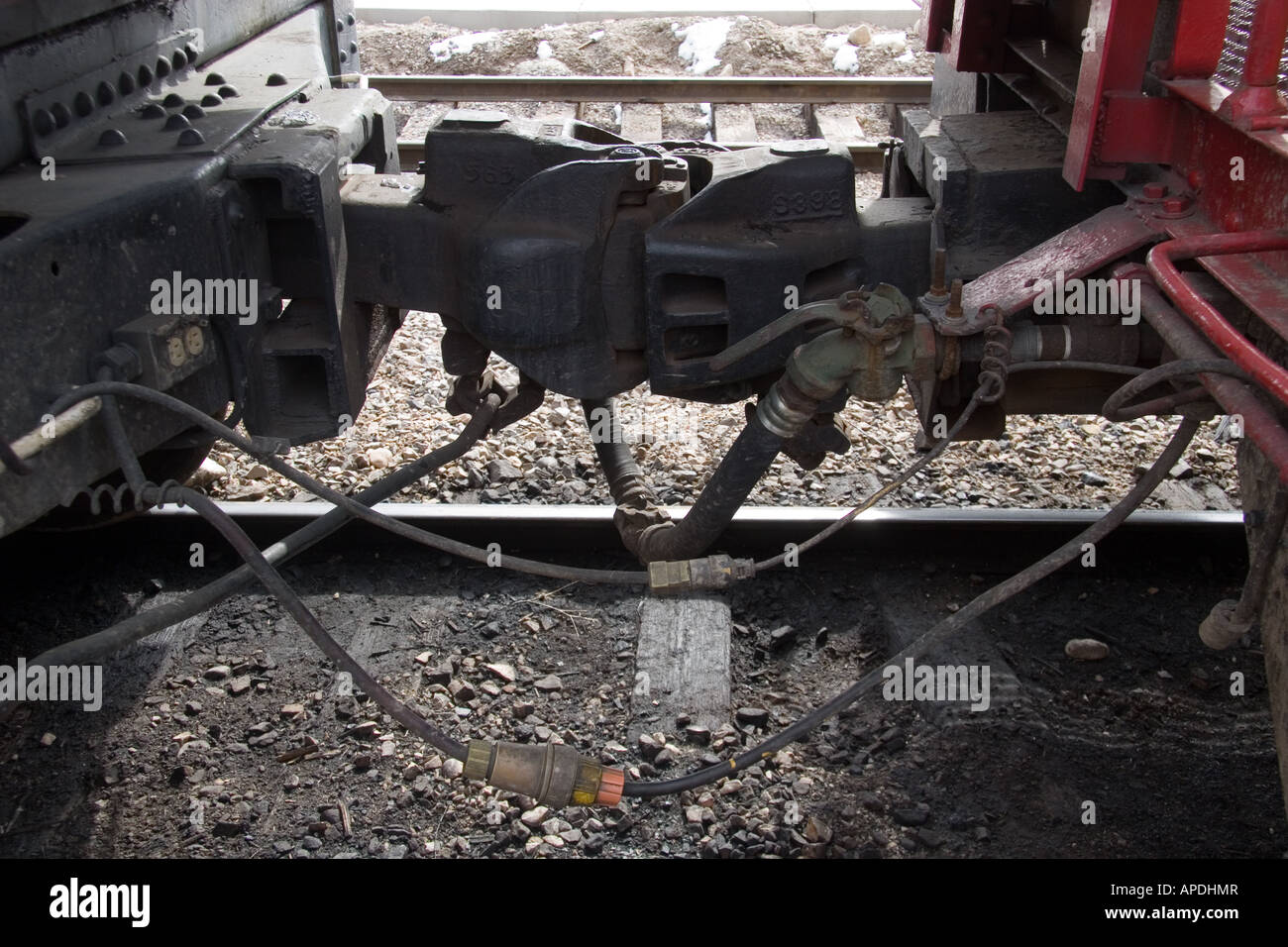 A close view of the connection between train cars Stock Photo - Alamy