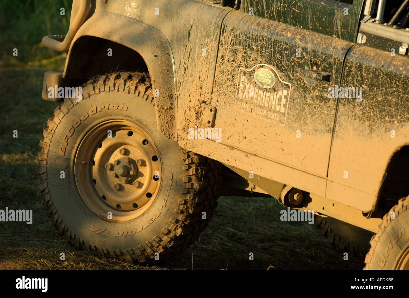 muddy Land Rover Defender used by Land Rover Experience Stock Photo - Alamy