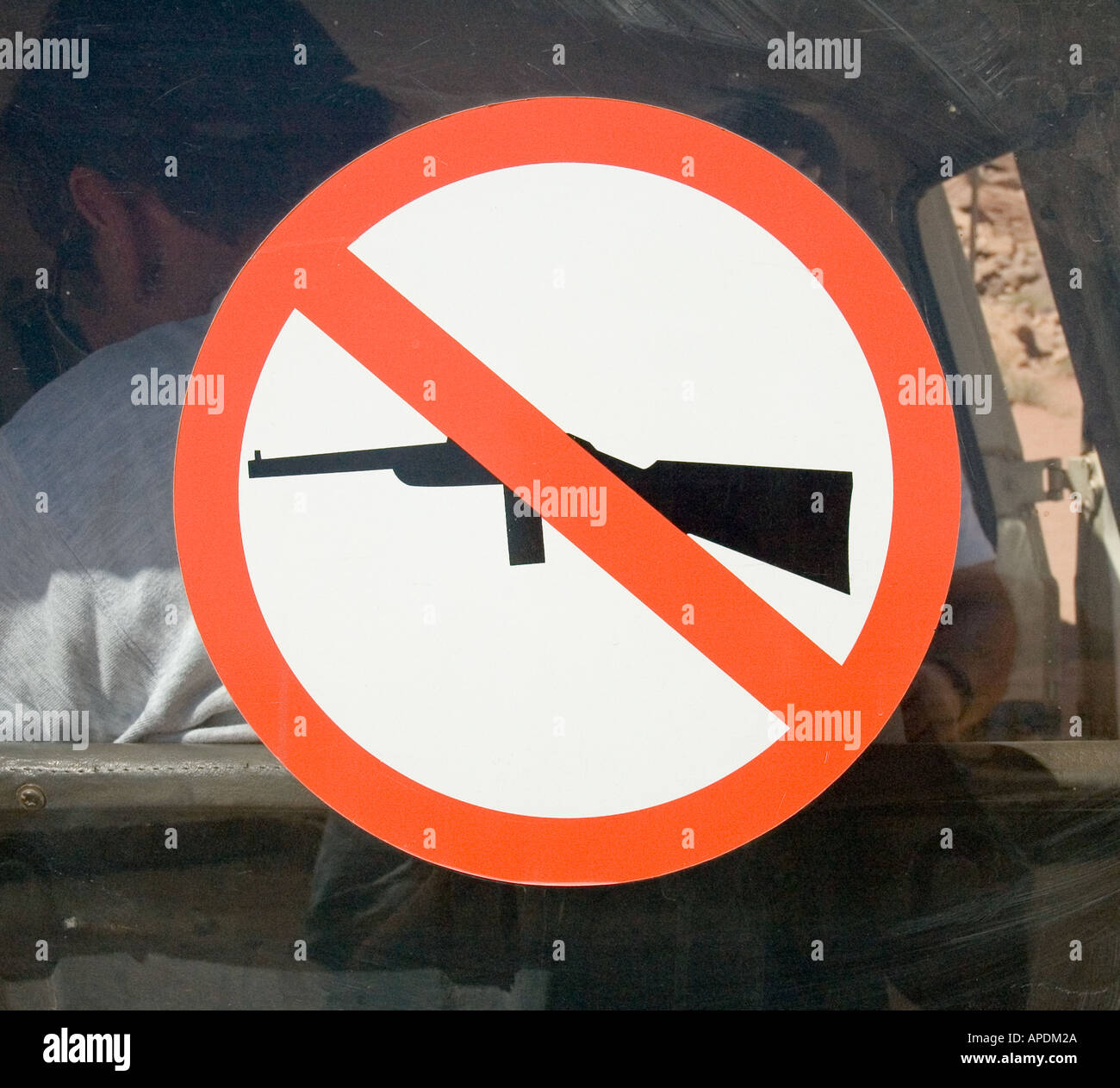 No Guns sign on a vehicle window at Wadi Rum, Hashemite Kingdom of ...
