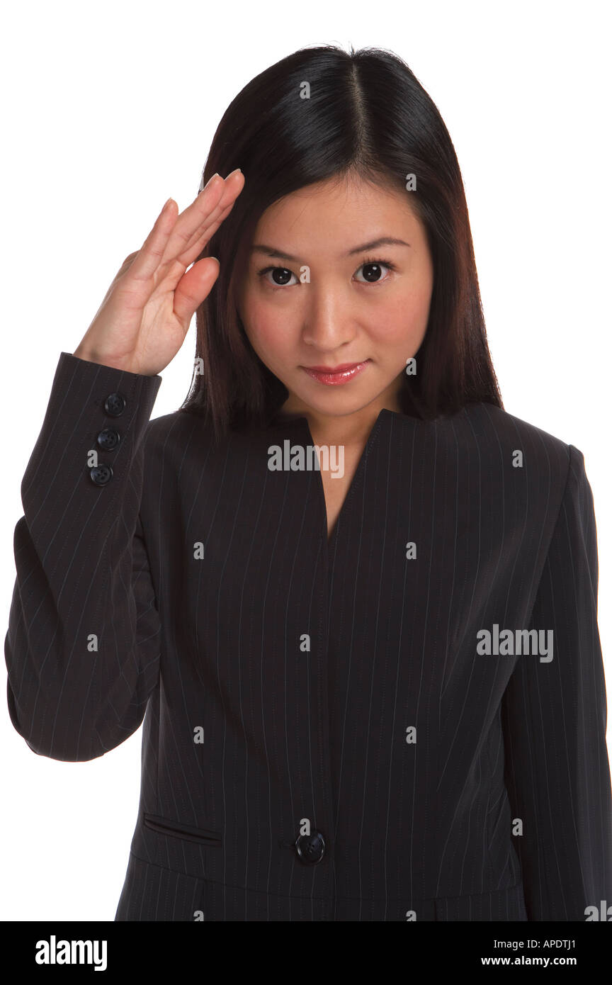 Young woman in business suit in apologizing gesture Stock Photo - Alamy