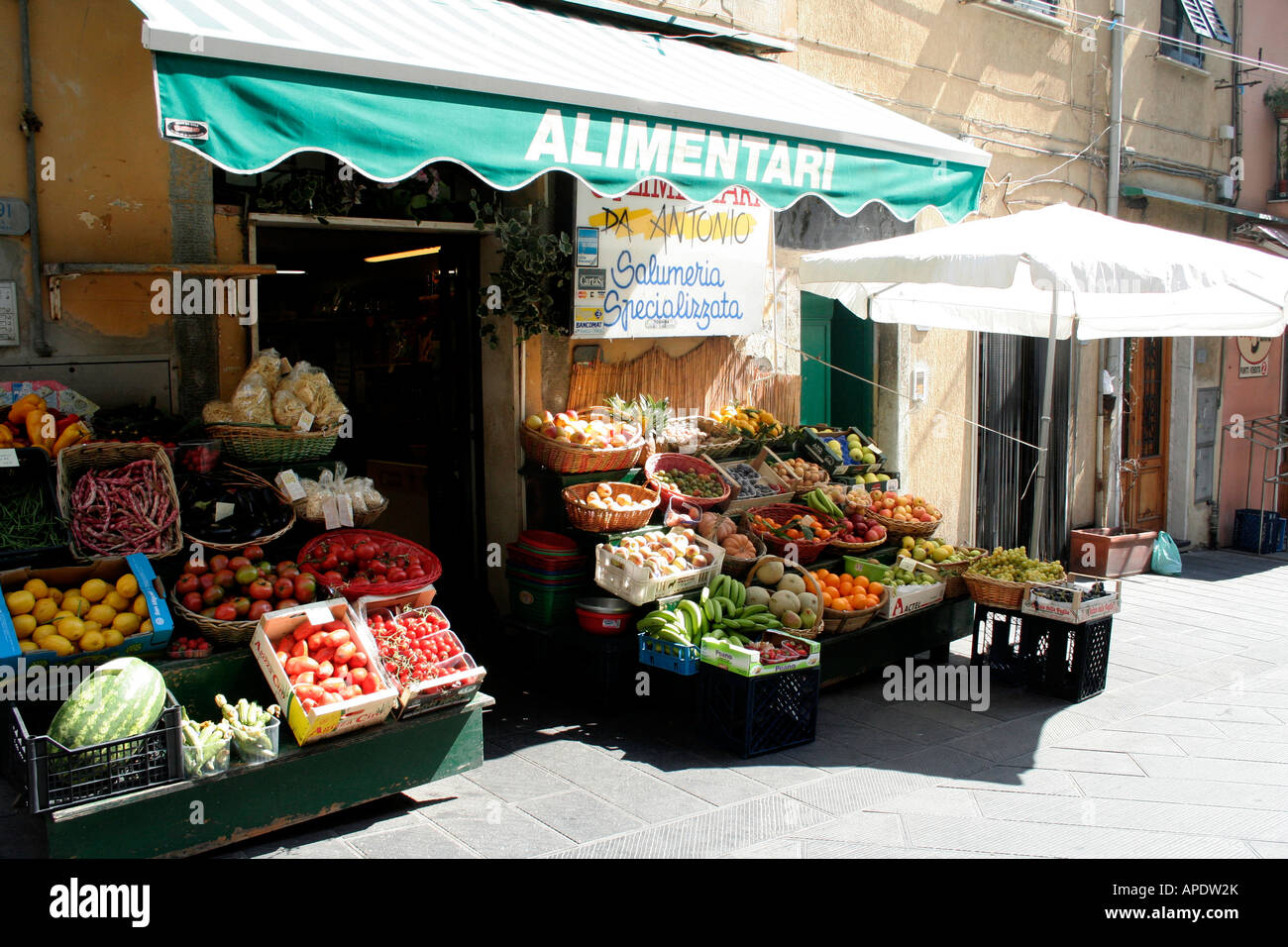 Fresh produce at outdoor grocery stand, Riomaggiore, Italy Stock Photo ...
