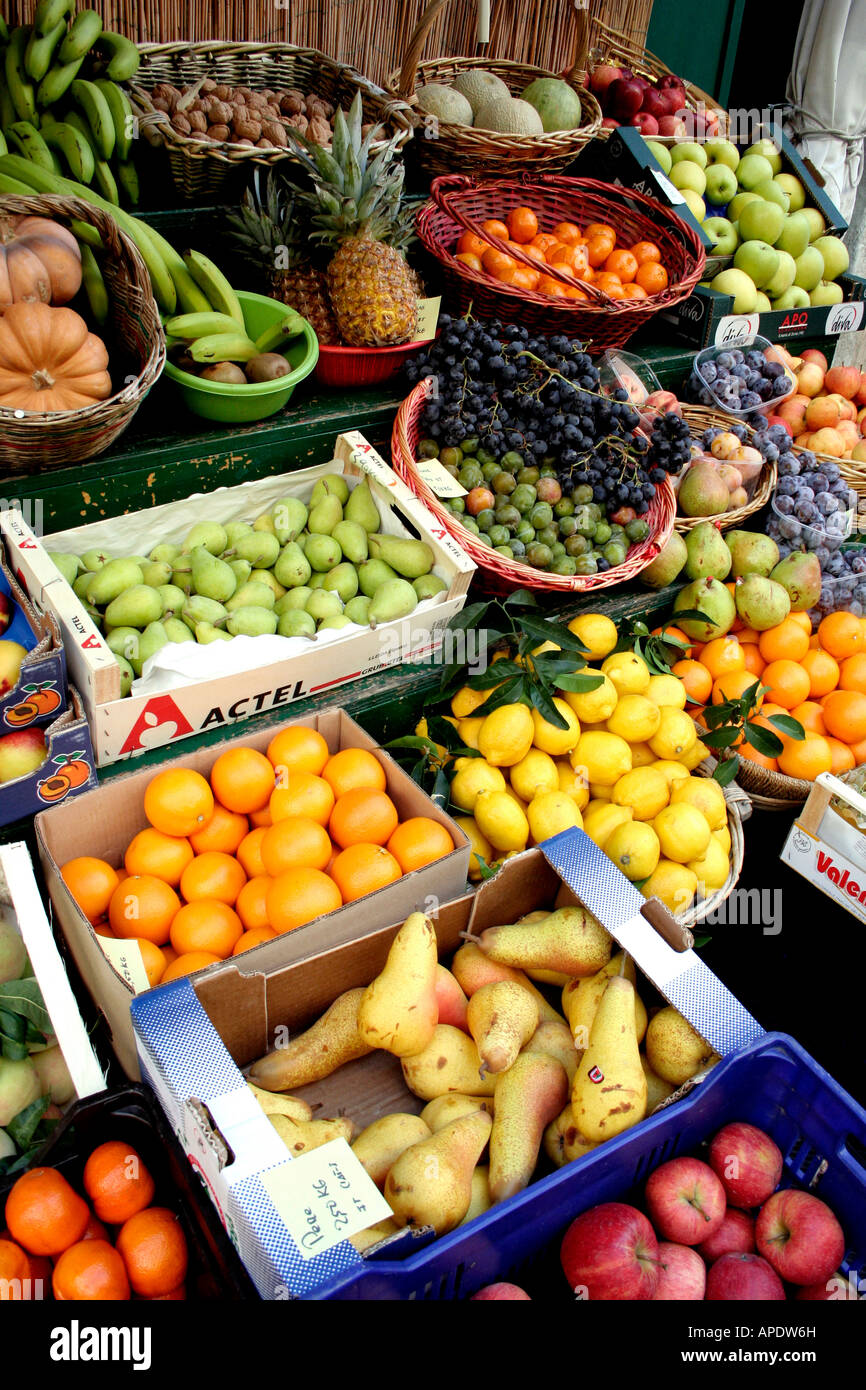 Fresh fruits at outdoor grocery stand, Riomaggiore, Italy Stock Photo ...