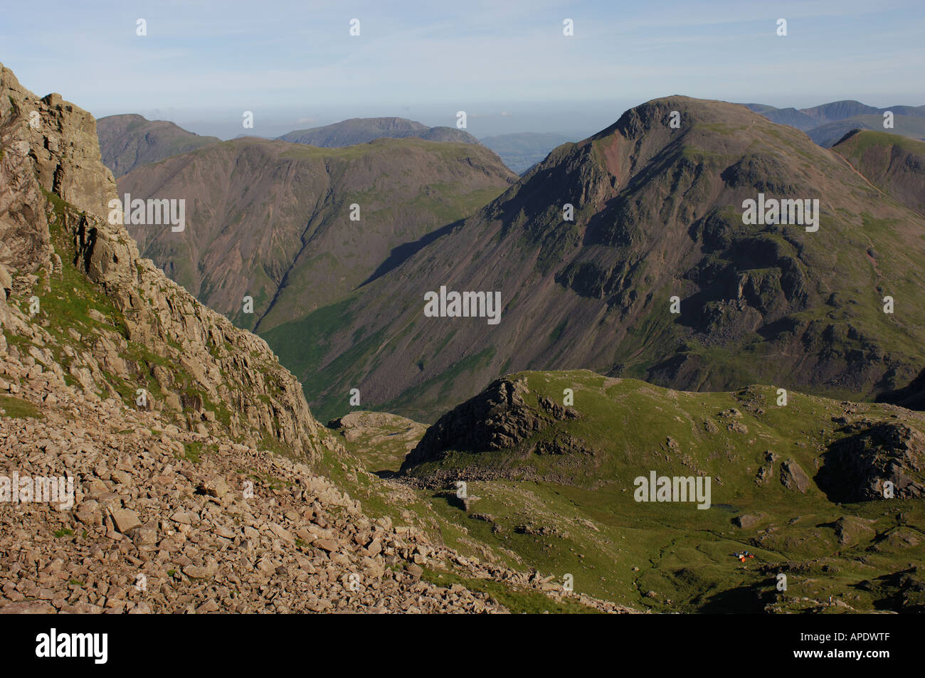 South side of Great Gable from Broad Crag with tents wild camping ...