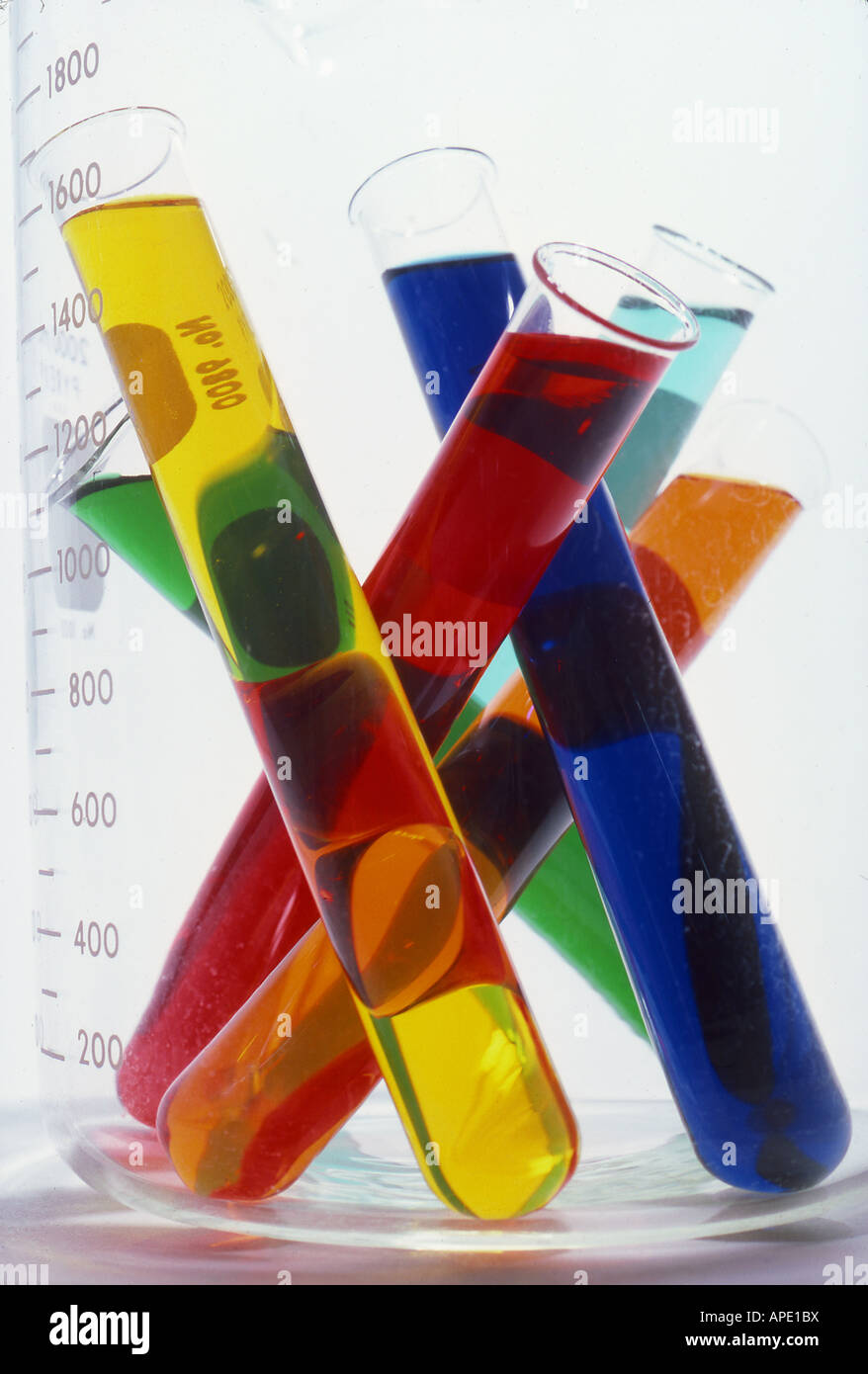Chemistry cylinders and measuring vessels with chemicals representation ...