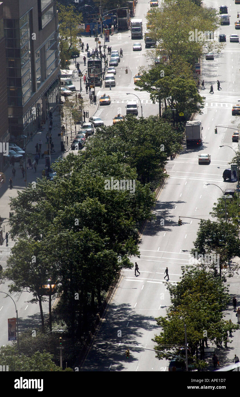 Aerial view looking down Broadway with center meridian filled with ...