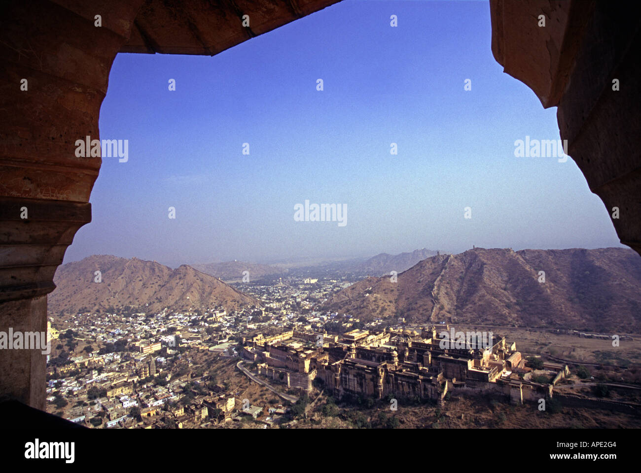 The Amber Palace seen through a window of the Amber Fort at Jaipur in ...