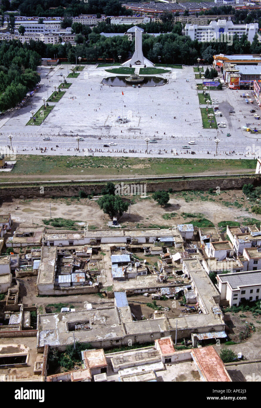 View of traditional Tibetan buildings and the huge Peoples Park Square ...