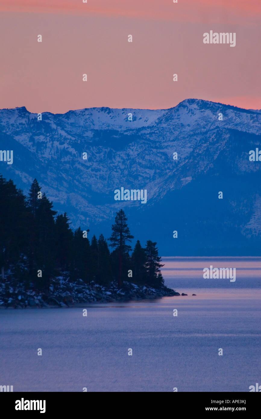 LakeTahoe at sunrise in winter with alpenglow in California Stock Photo ...