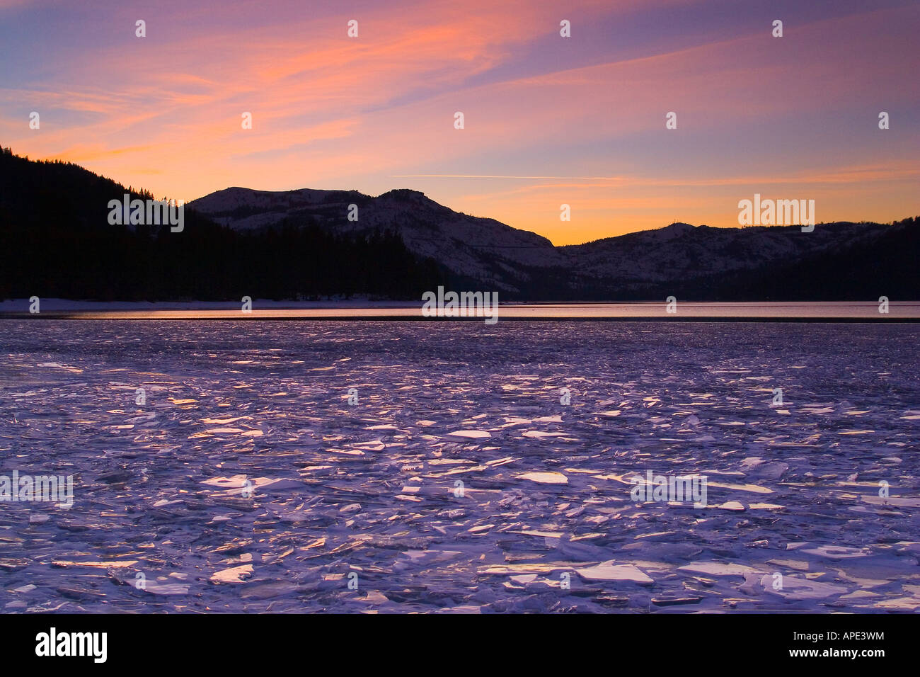 A frozen Donner Lake California at sunset Stock Photo - Alamy