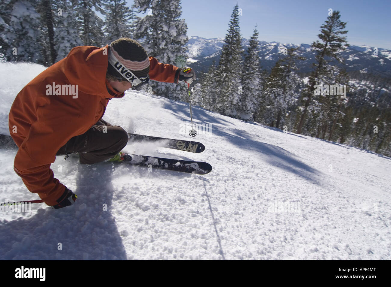 A man skiing on a groomed run at Northstar ski area near Lake Tahoe in ...