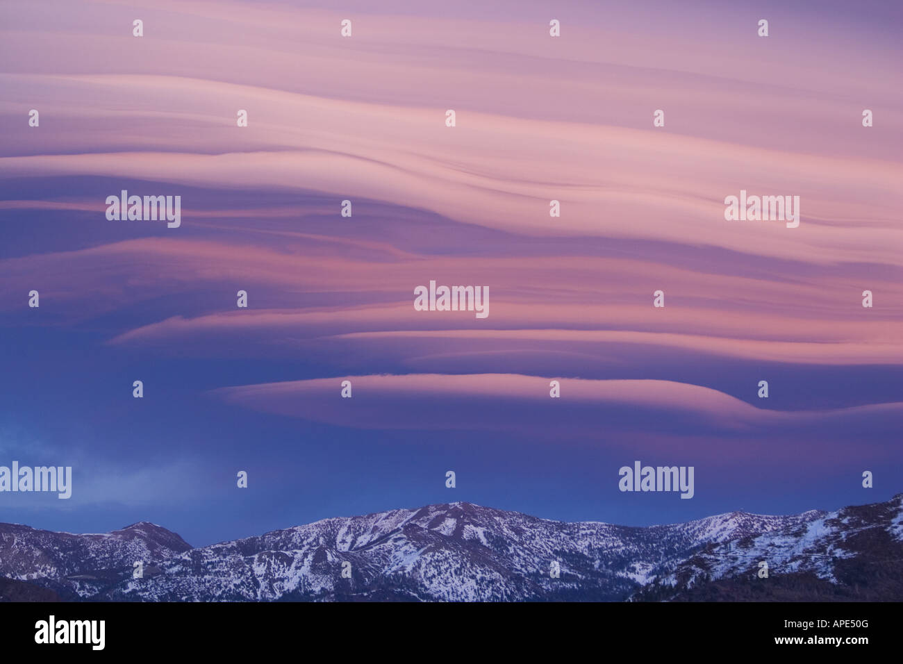 Lenticular clouds at sunset above the Carson Range in Nevada, USA Stock ...