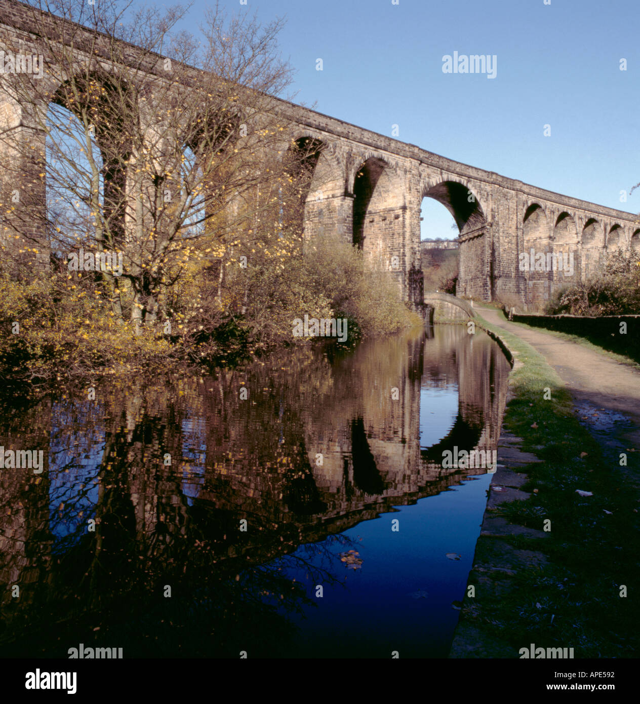 Railway viaduct crossing the Huddersfield Canal at Uppermill, near ...