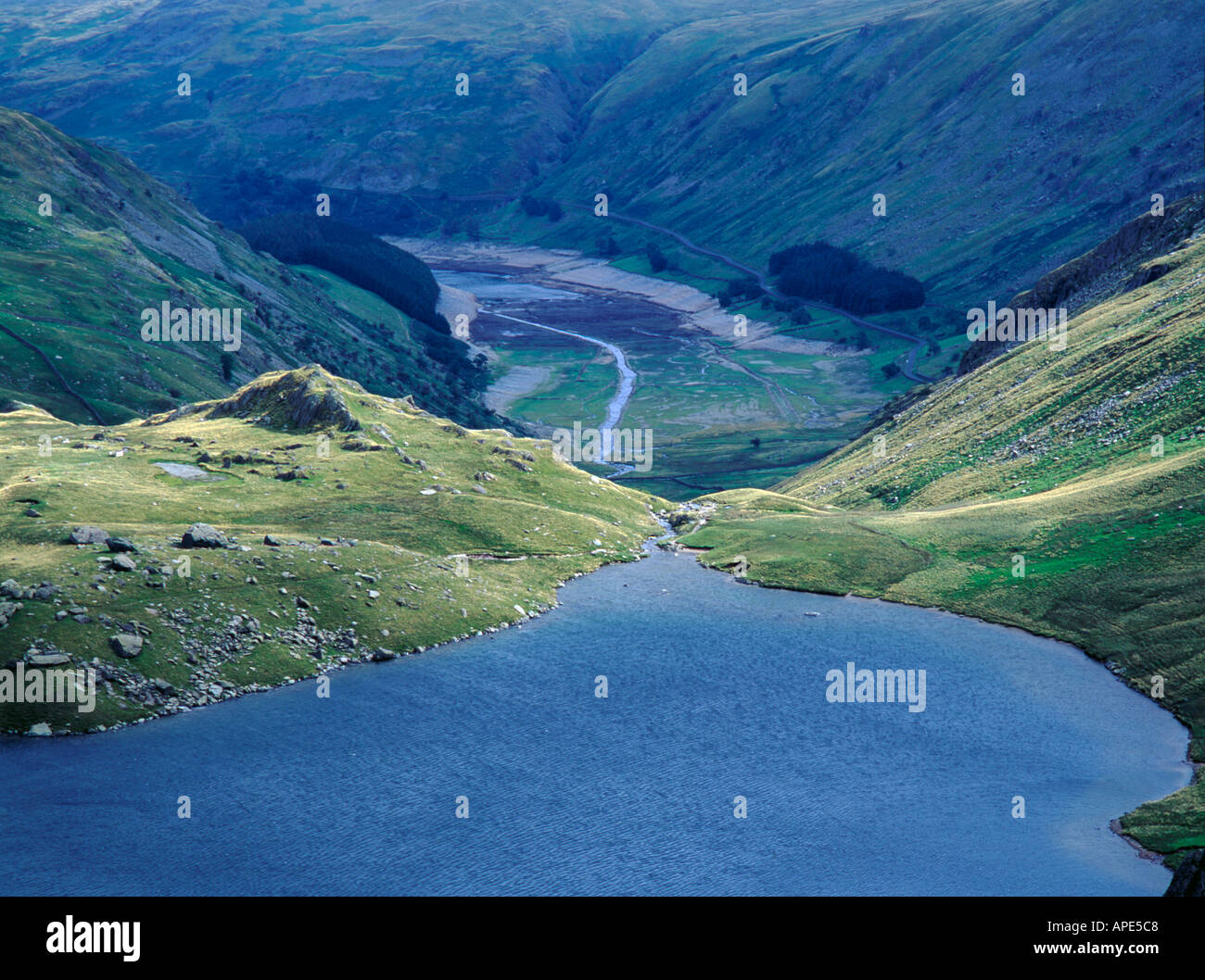 View down on to Blea Water, a classic Lakeland tarn, a dry Haweswater beyond, Lake District ...