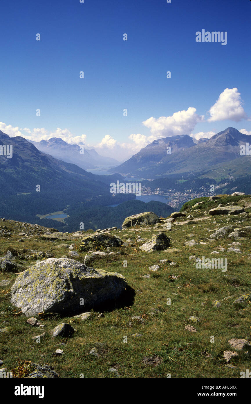 A view of the lakes down the Engadine Valley on a summer day Stock ...