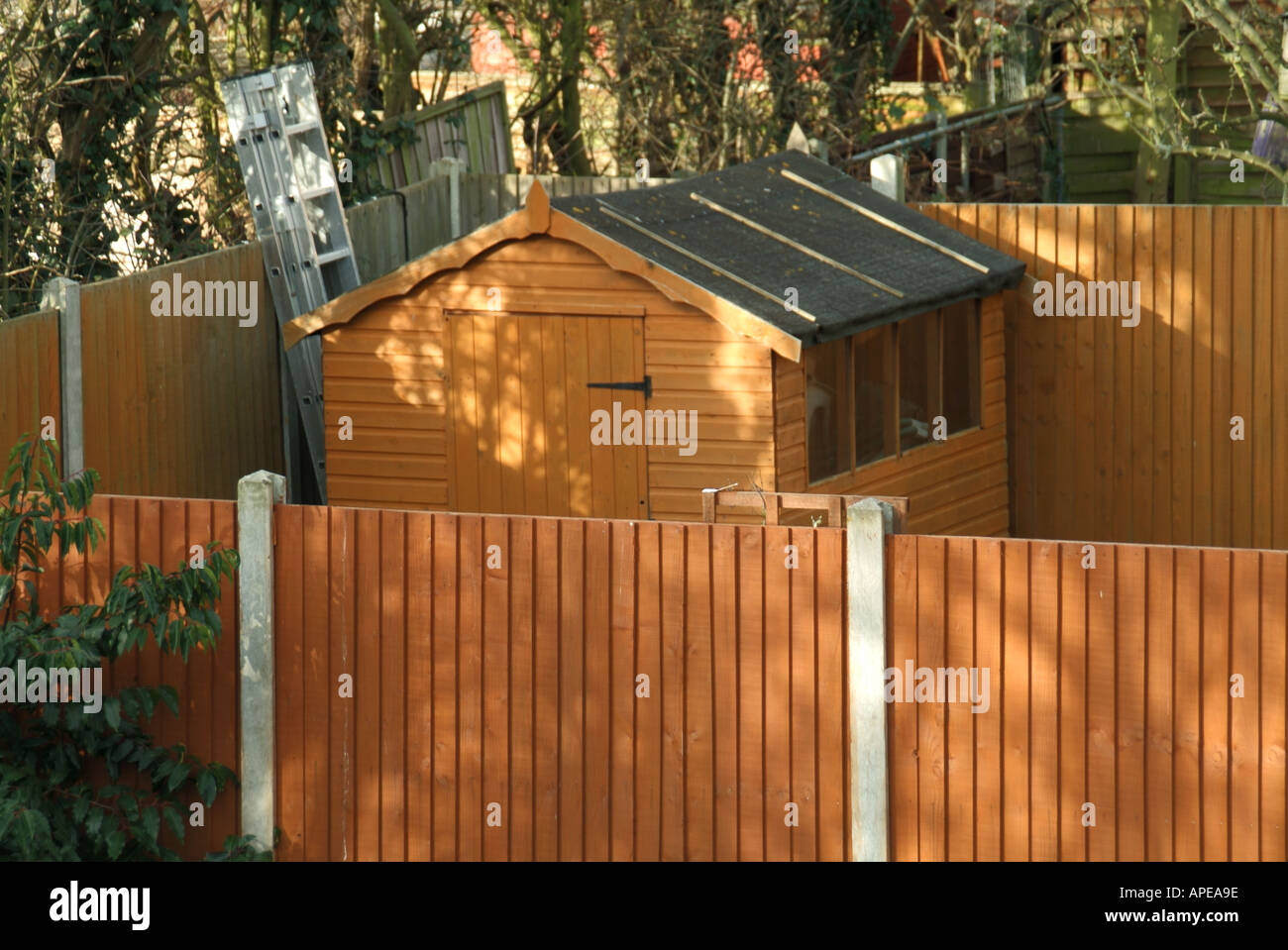 Aerial view looking down from above at house back garden timber fencing ...