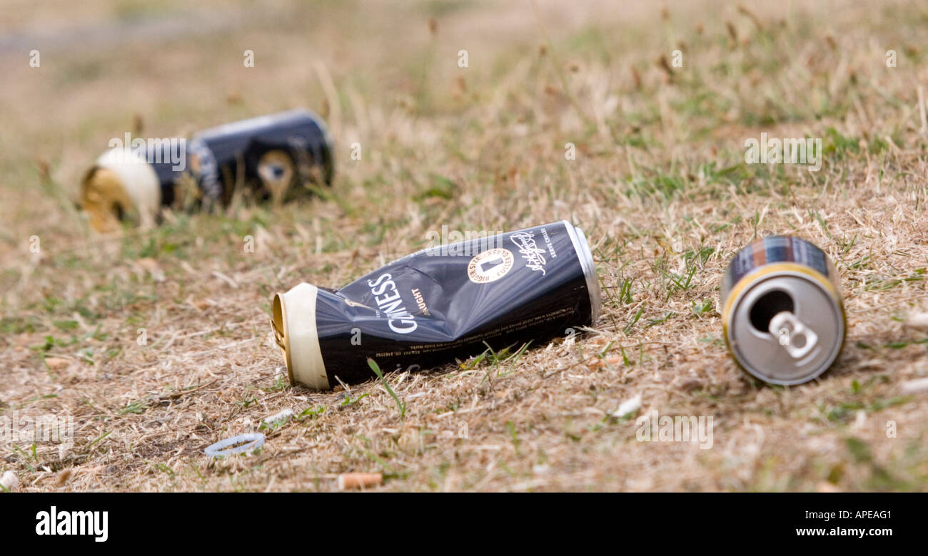 Empty cans of beer litter the towpath East London Stock Photo - Alamy