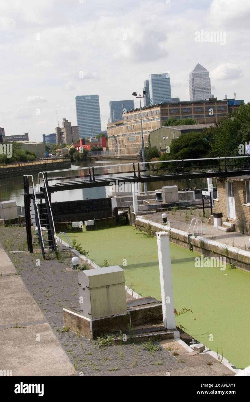 Bow Locks in East London with Canary Wharf in the background Stock ...