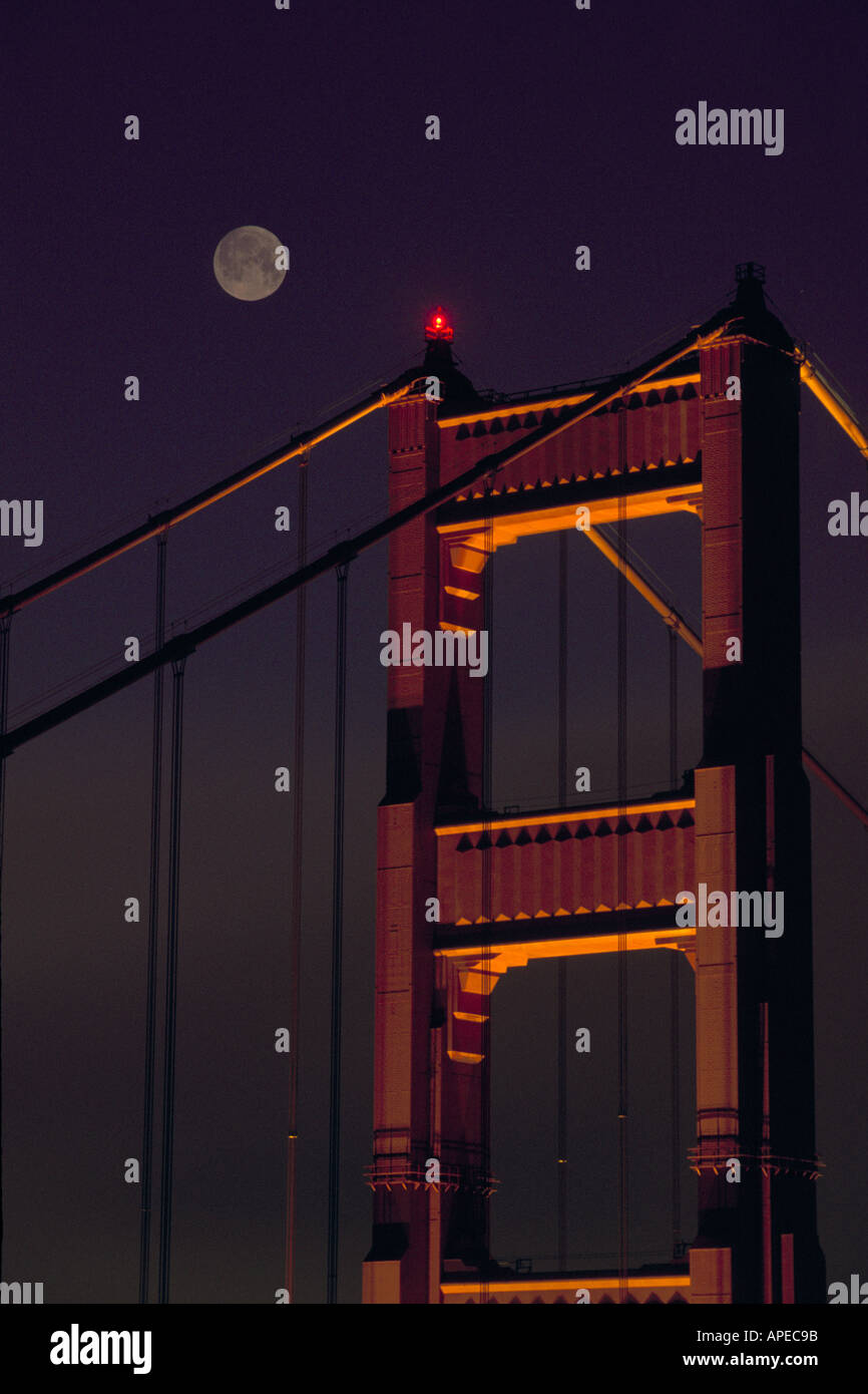 Double exposure full moon at night over the North Tower Golden Gate ...