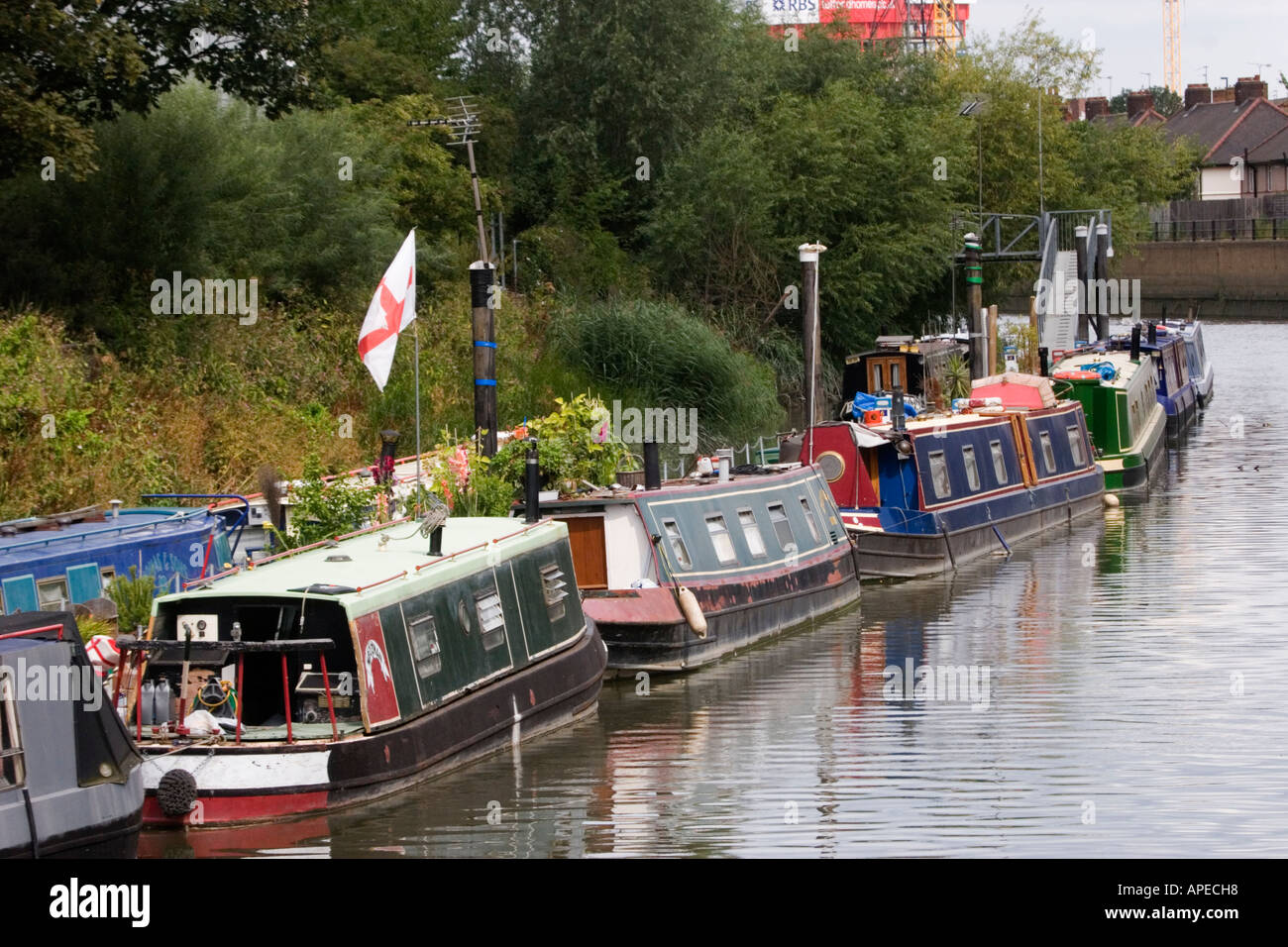 Canal boats on the River Lea near Three Mills Bromley By Bow London ...