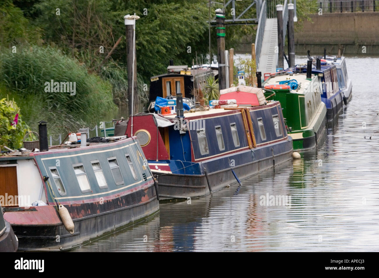 Canal boats on the River Lea near Three Mills Bromley By Bow London ...