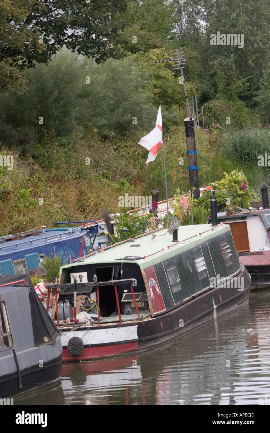 Canal boats on the River Lea near Three Mills Bromley By Bow London ...