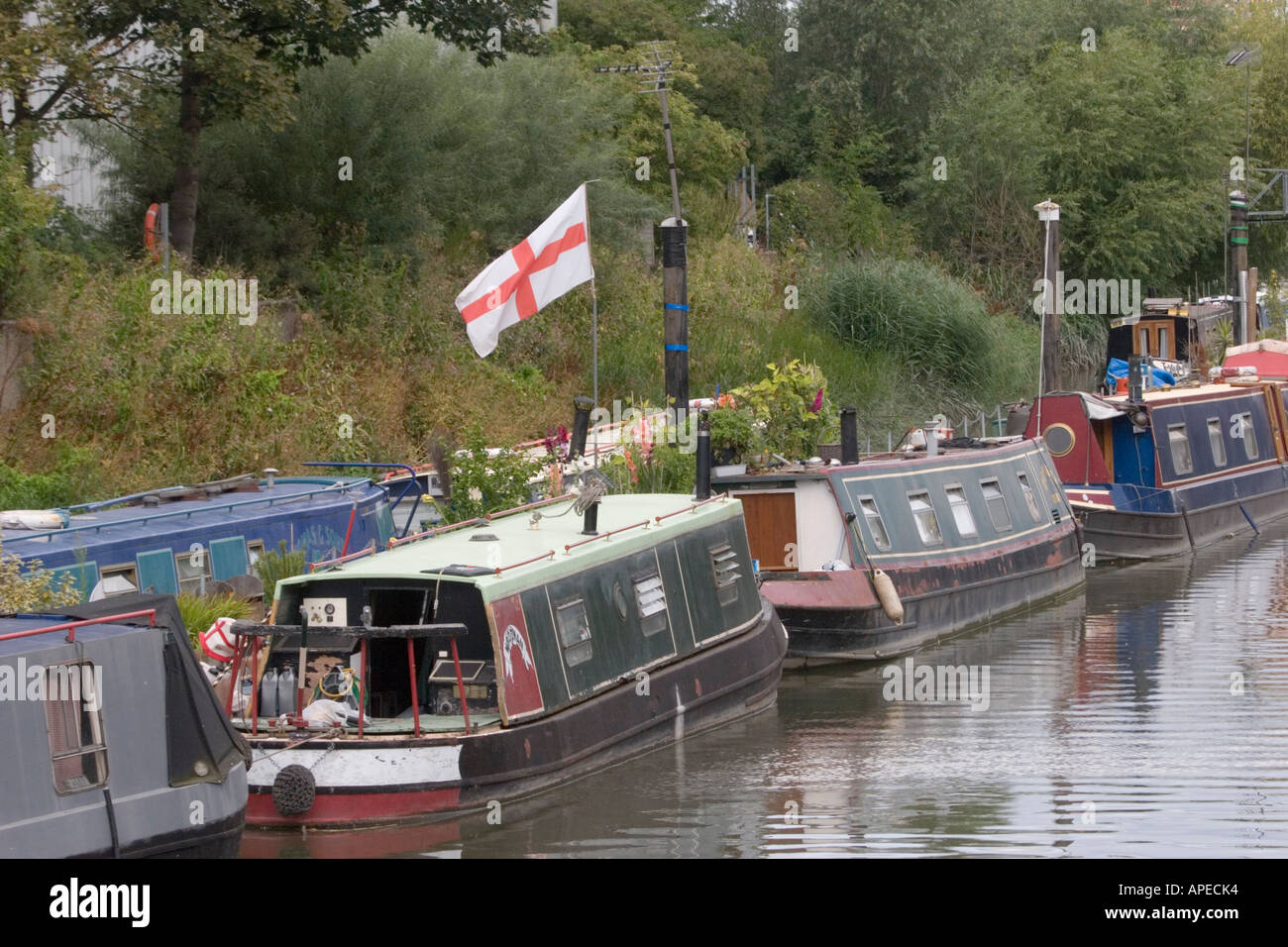 Canal boats on the River Lea near Three Mills Bromley By Bow London ...