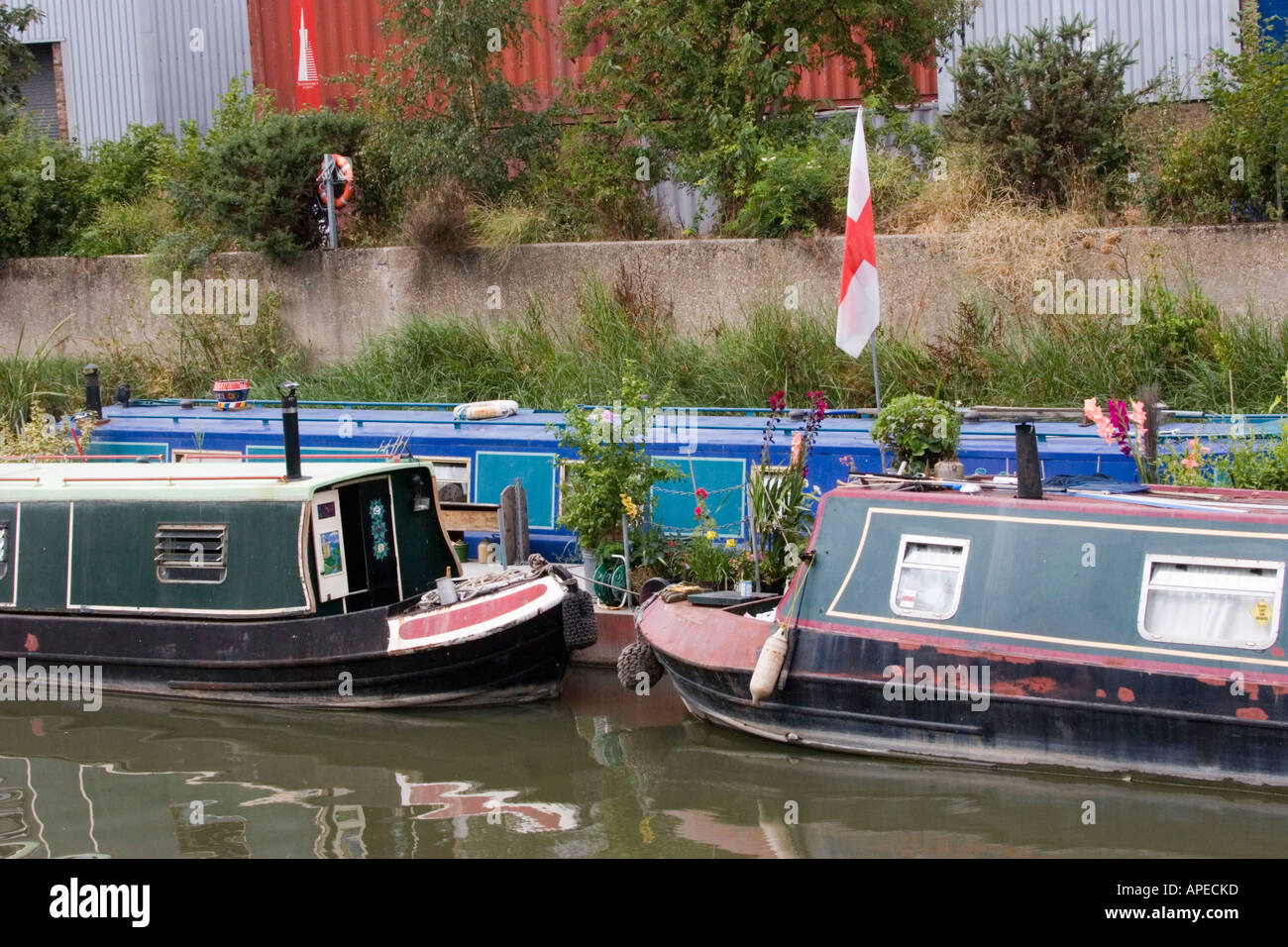 Canal boats on the River Lea near Three Mills Bromley By Bow London ...