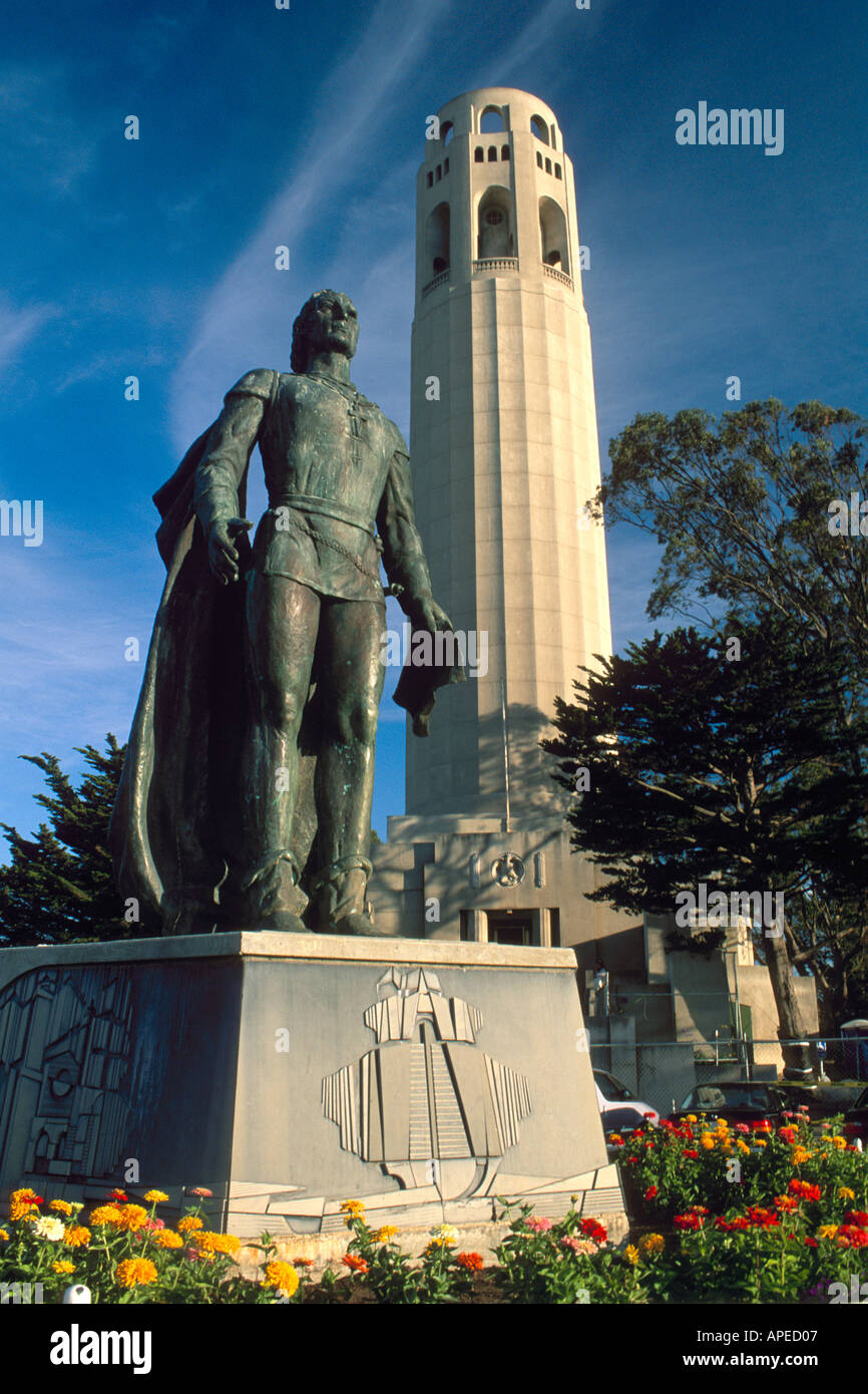 Statue of Christopher Columbus below Coit Tower Telegraph Hill San ...