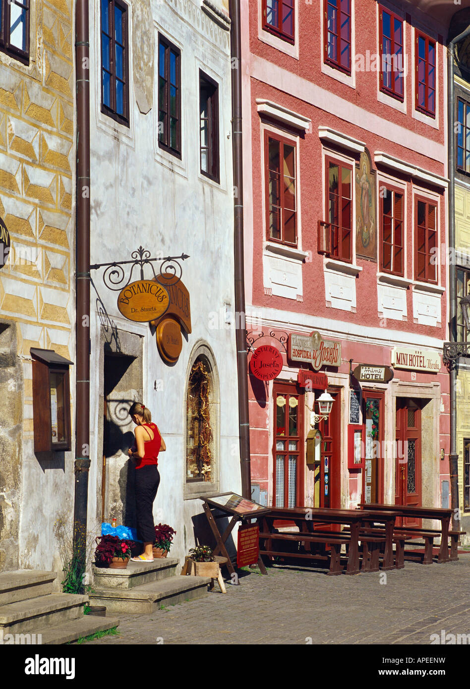 Shop Fronts, Cesky Krumlov on Vltava River, Czech Republic Stock Photo ...
