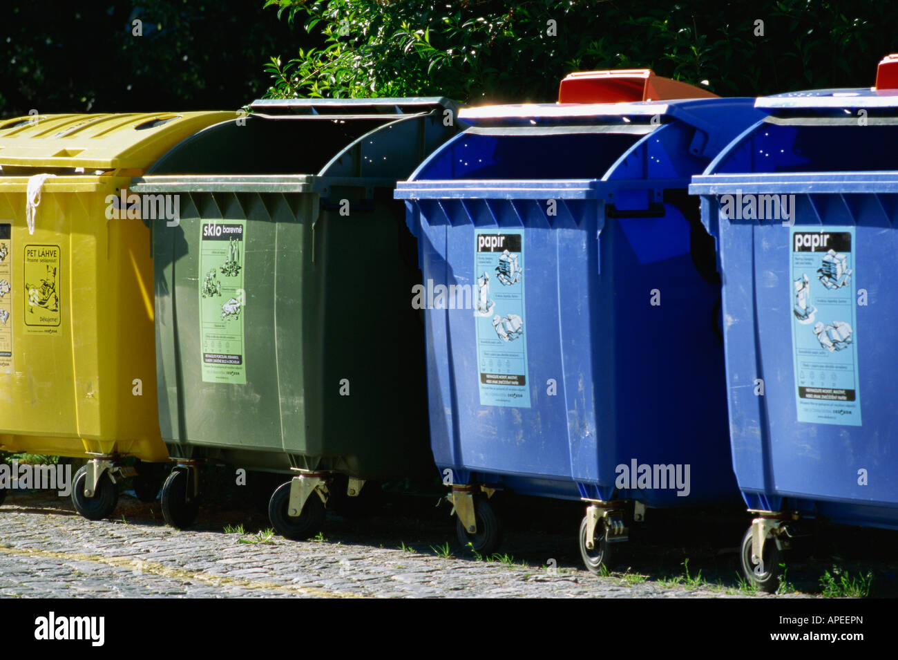 Recycling Rubbish Containers, Cesky Krumlov, Czech Republic Stock Photo ...