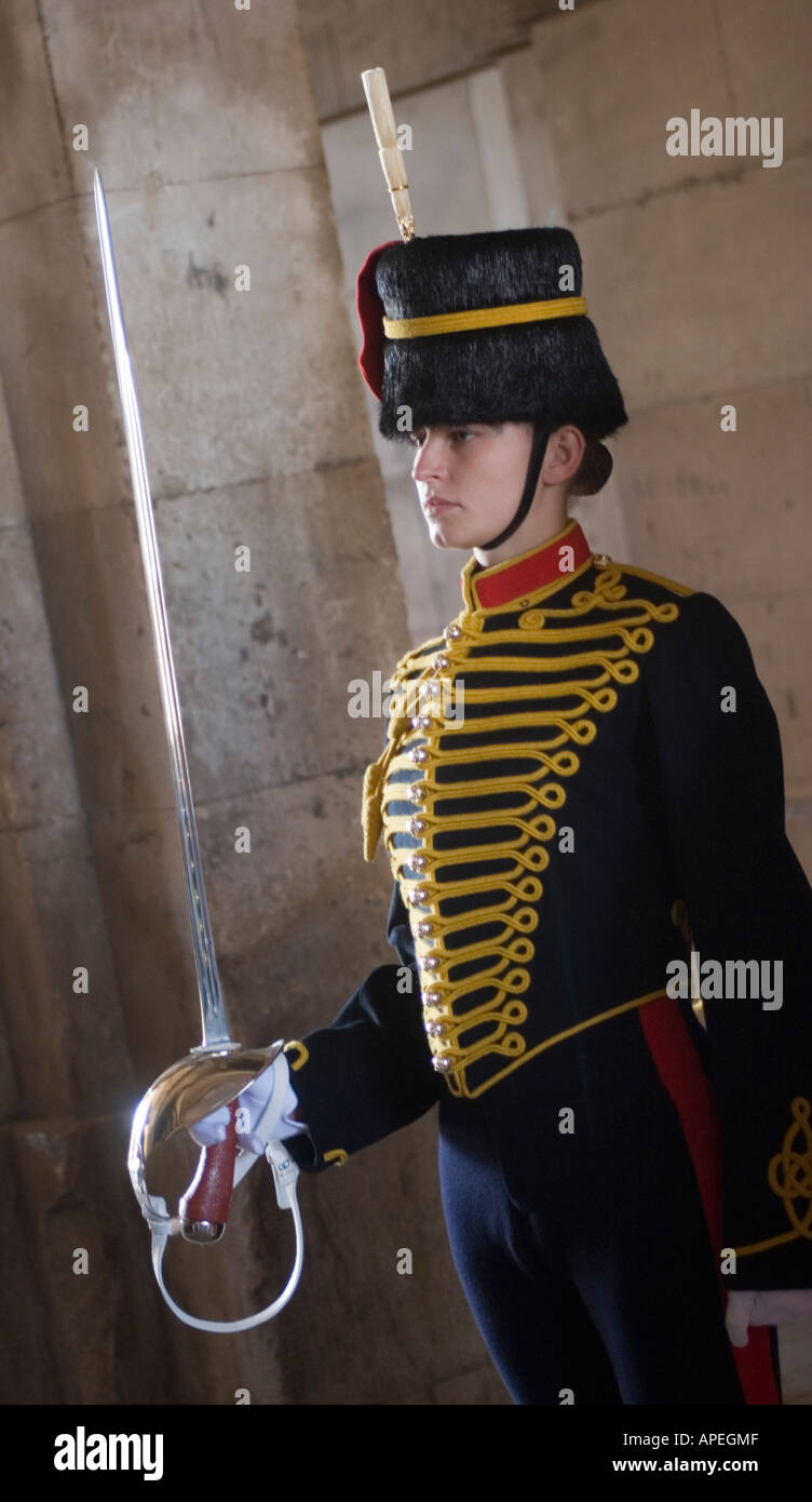 Female soldier of the Kings Troop of the Royal Horse Artillery on guard ...
