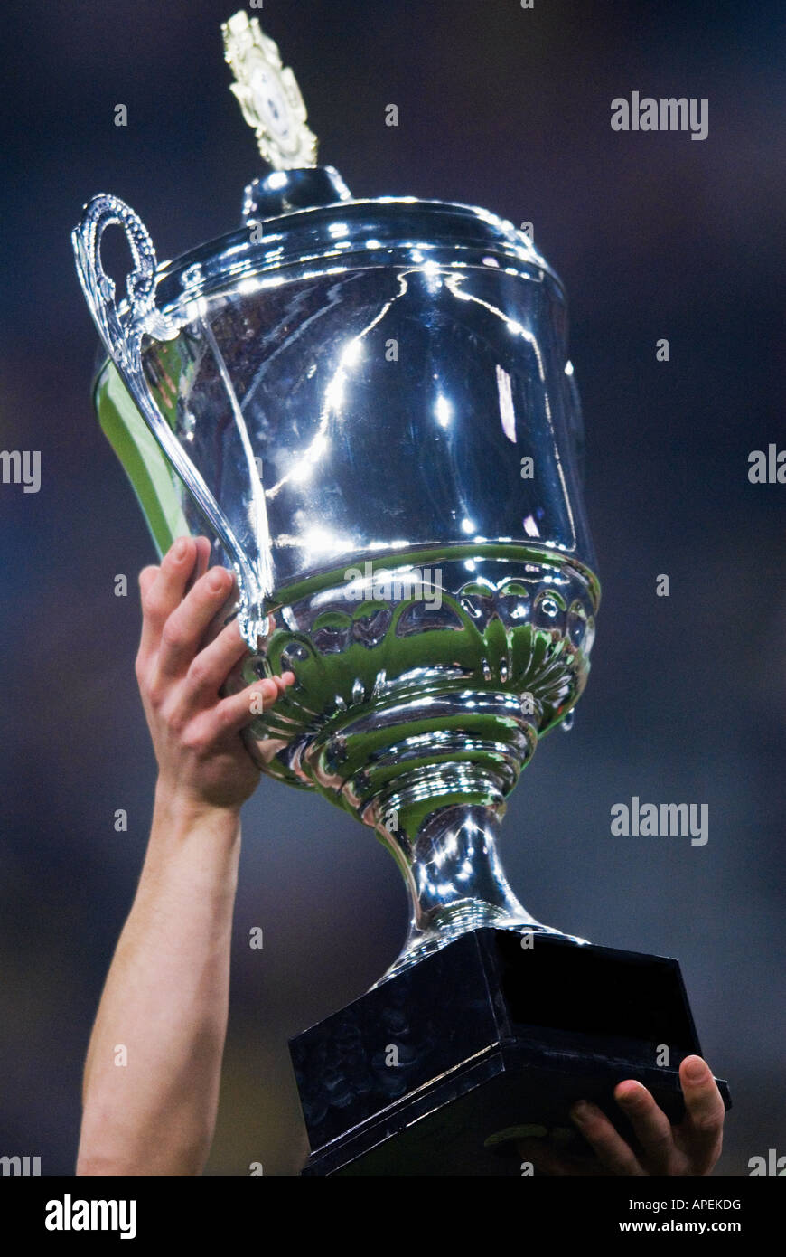Player is rising up a soccer trophy Stock Photo - Alamy