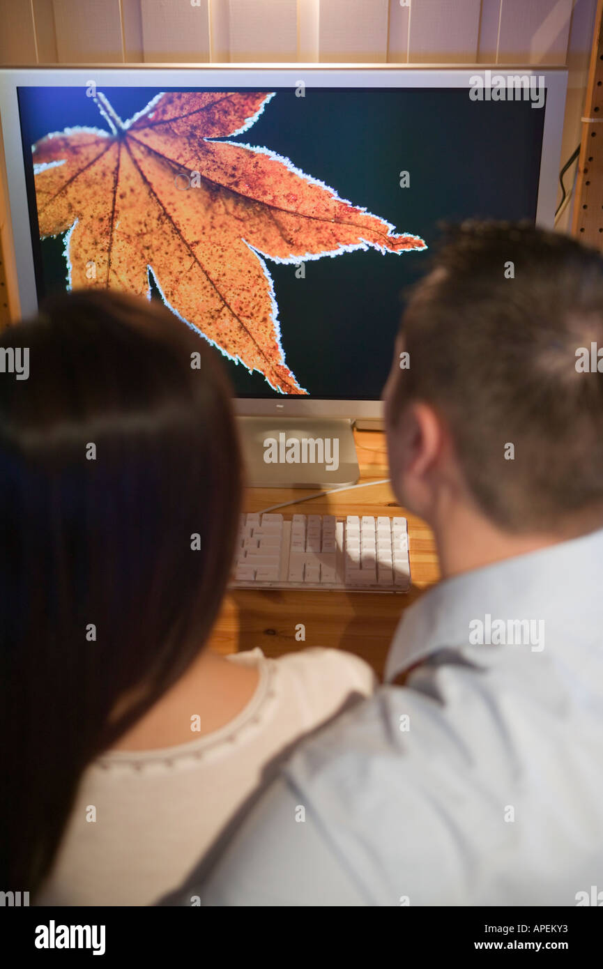 Couple Looking at Photographs on a Computer Screen Stock Photo - Alamy