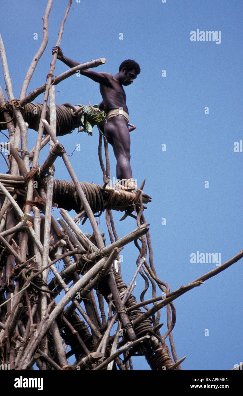 Pacific Ocean, Vanuatu, Pentecost Island, Native Islander jumping off ...