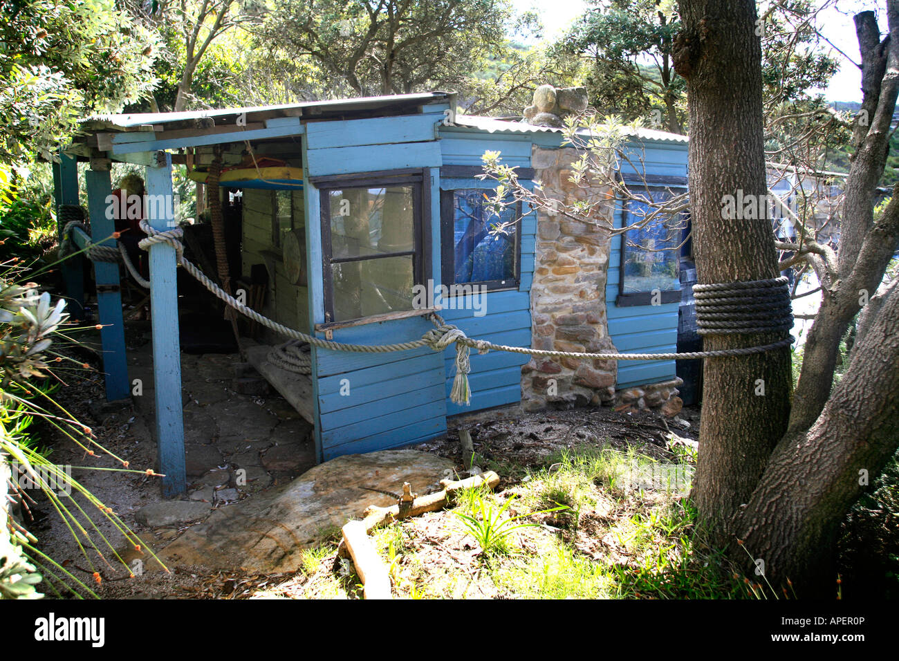 Hand made huts at Crater Cove Stock Photo - Alamy