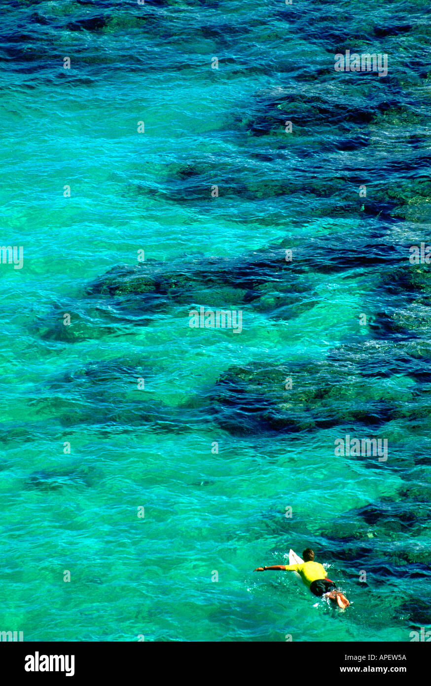 gabe davies surfing hawaii paddling over reef Stock Photo - Alamy