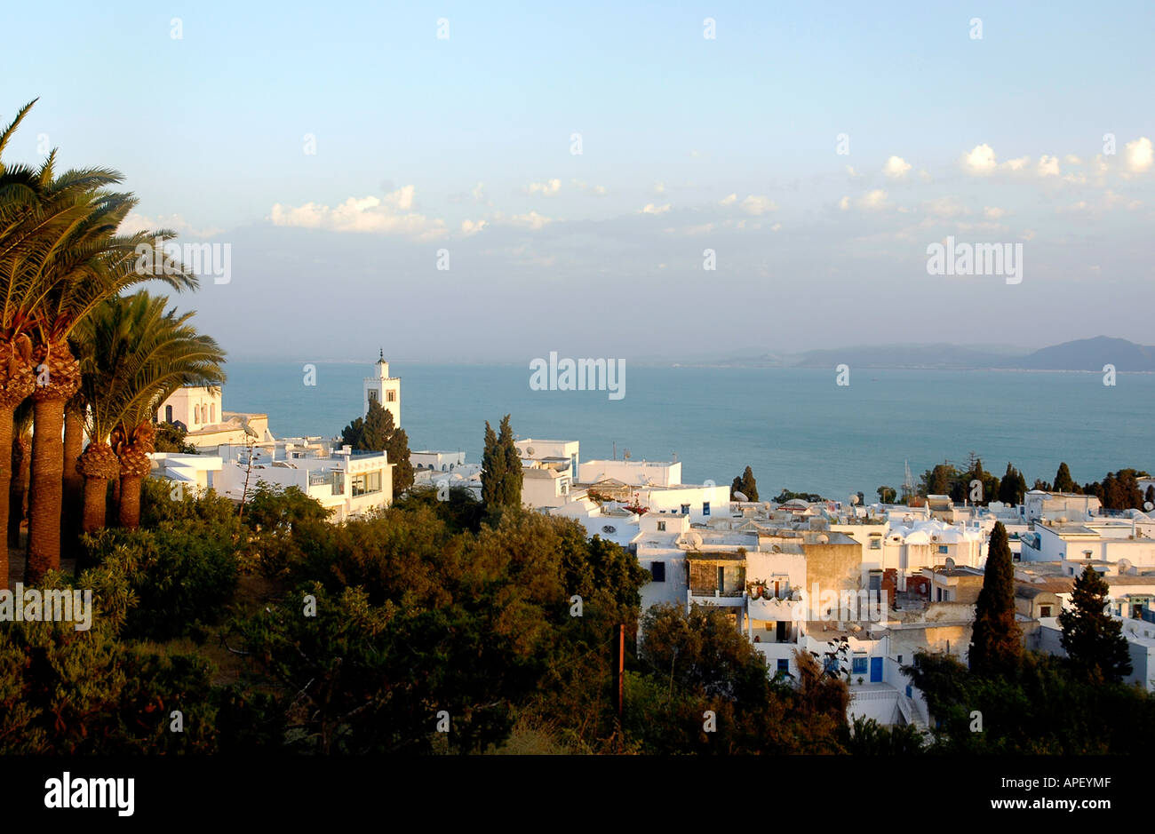 Landscape overview of the tiny village of Sidi Bou Said, north of Tunis ...