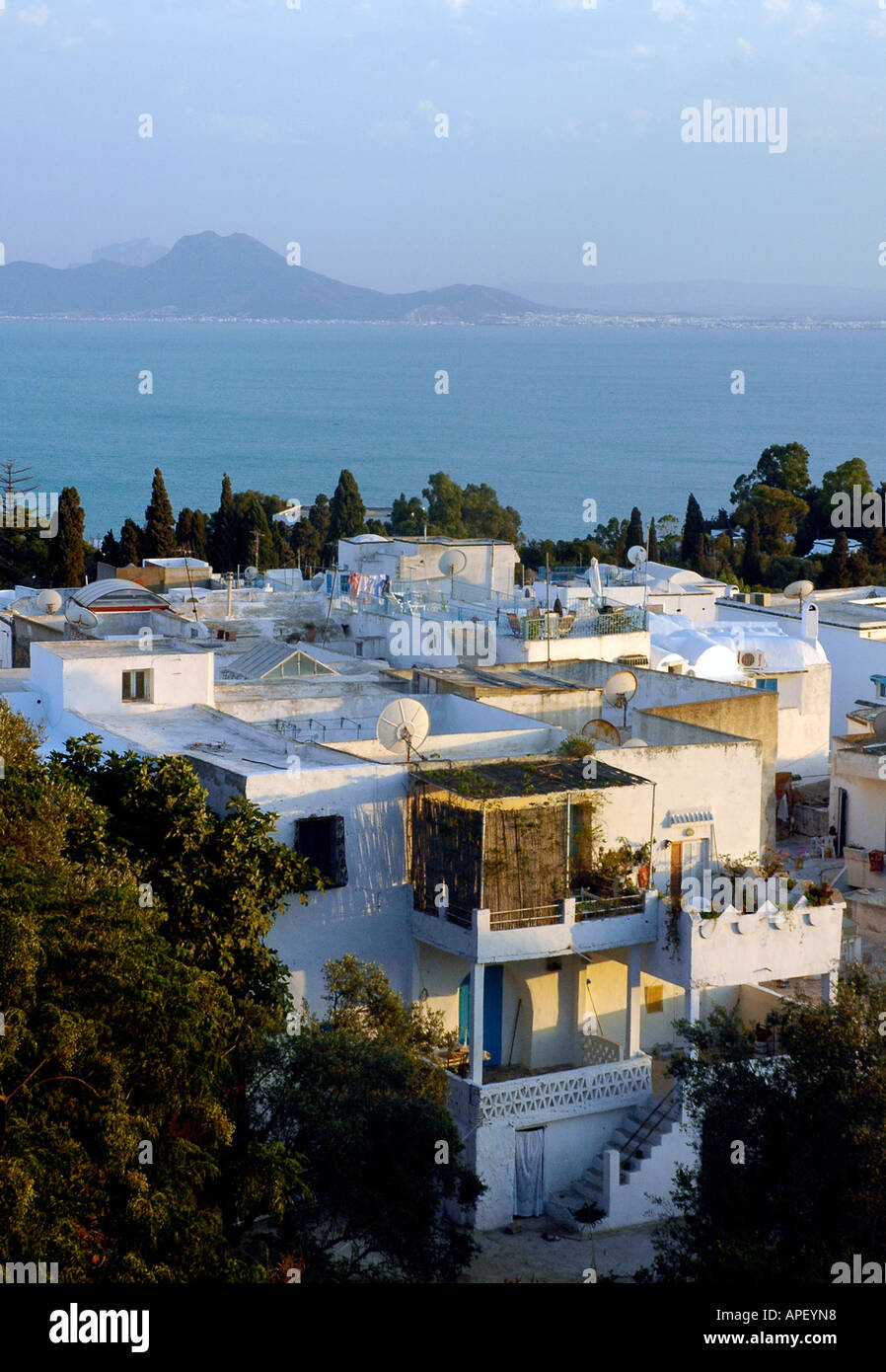 Landscape overview of the tiny village of Sidi Bou Said, north of Tunis ...