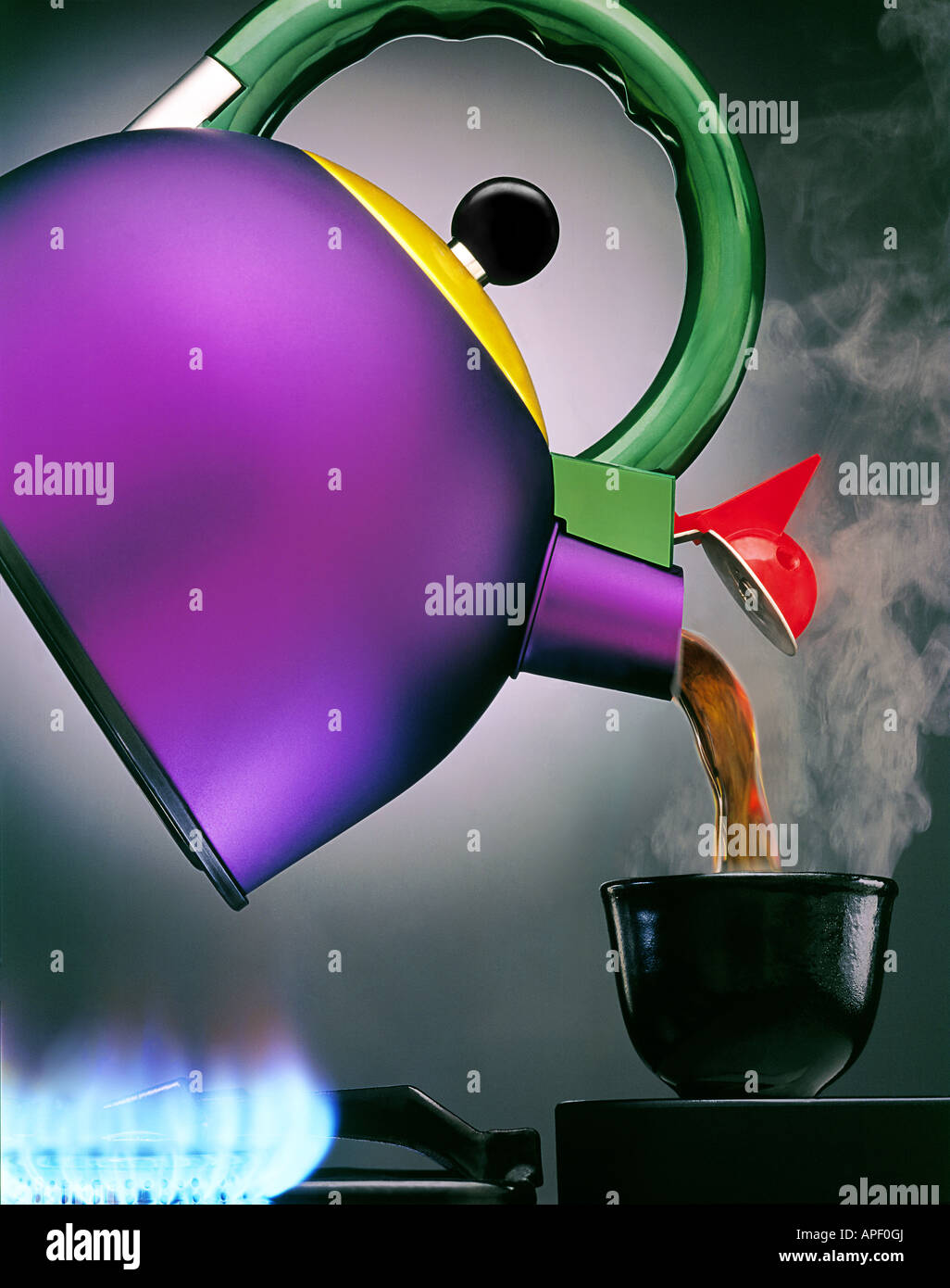 Purple and yellow metal teapot over oven fire, pouring steaming tea ...