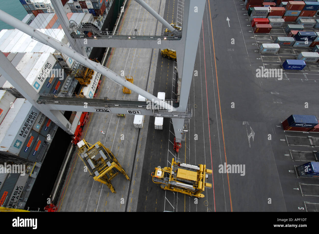 View from a gantry crane of a container ship being unloaded and ...