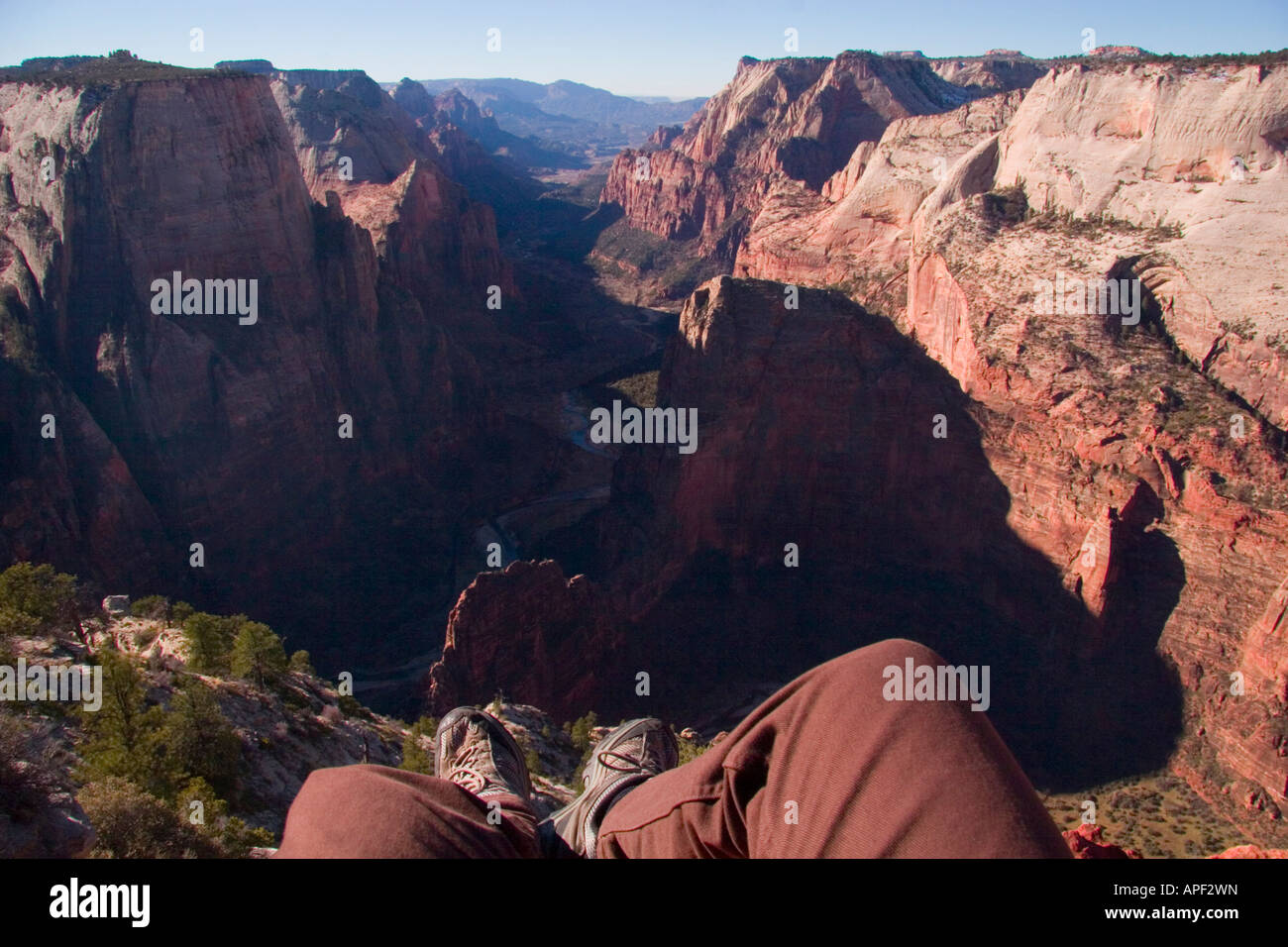 Legs dangle over the cliff looking down Zion Park valley Stock Photo ...