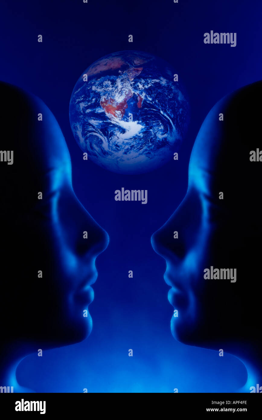 Aliens And Earth two humanoid heads with planet earth in back ground ...
