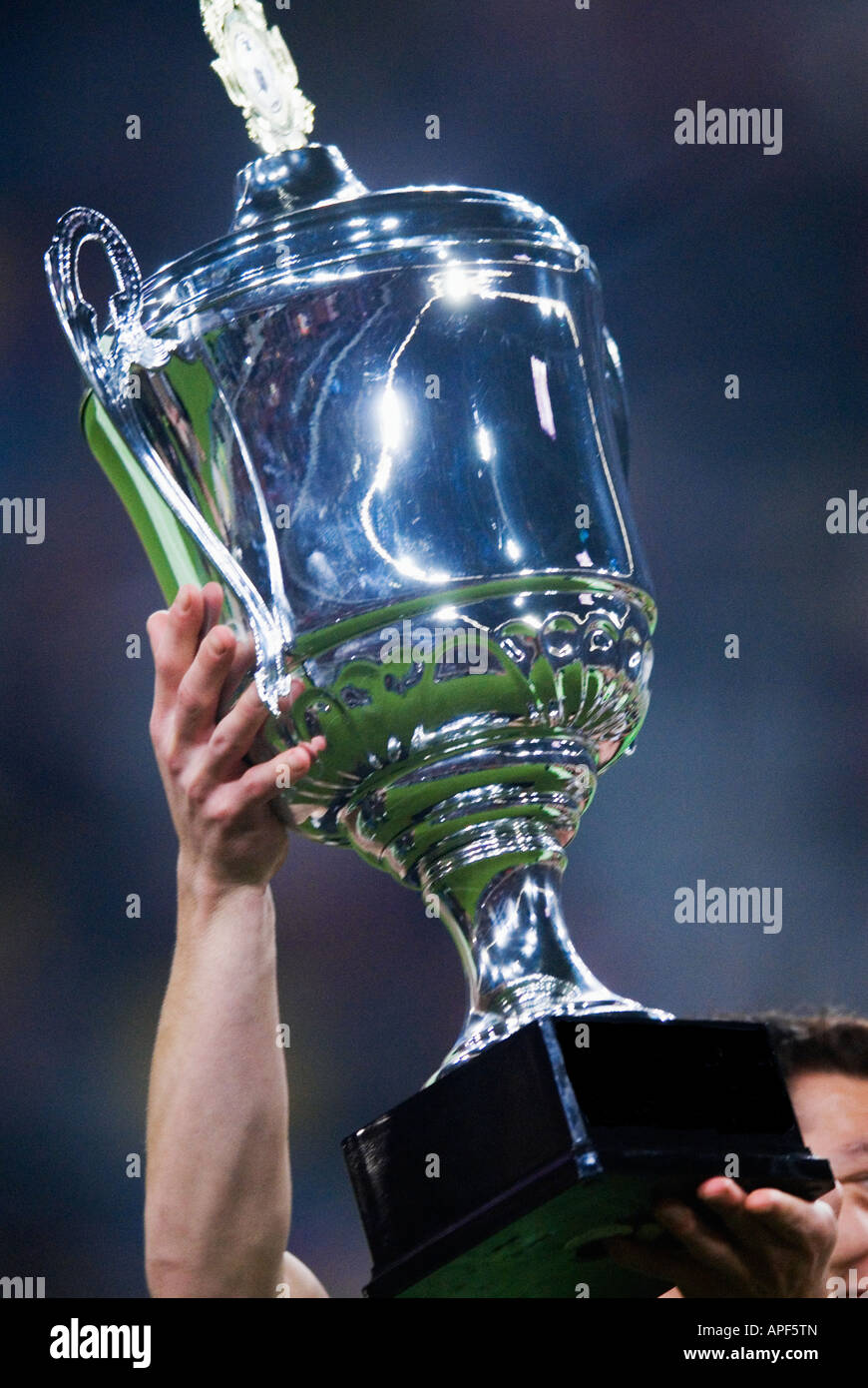 Player is rising up a soccer trophy Stock Photo - Alamy