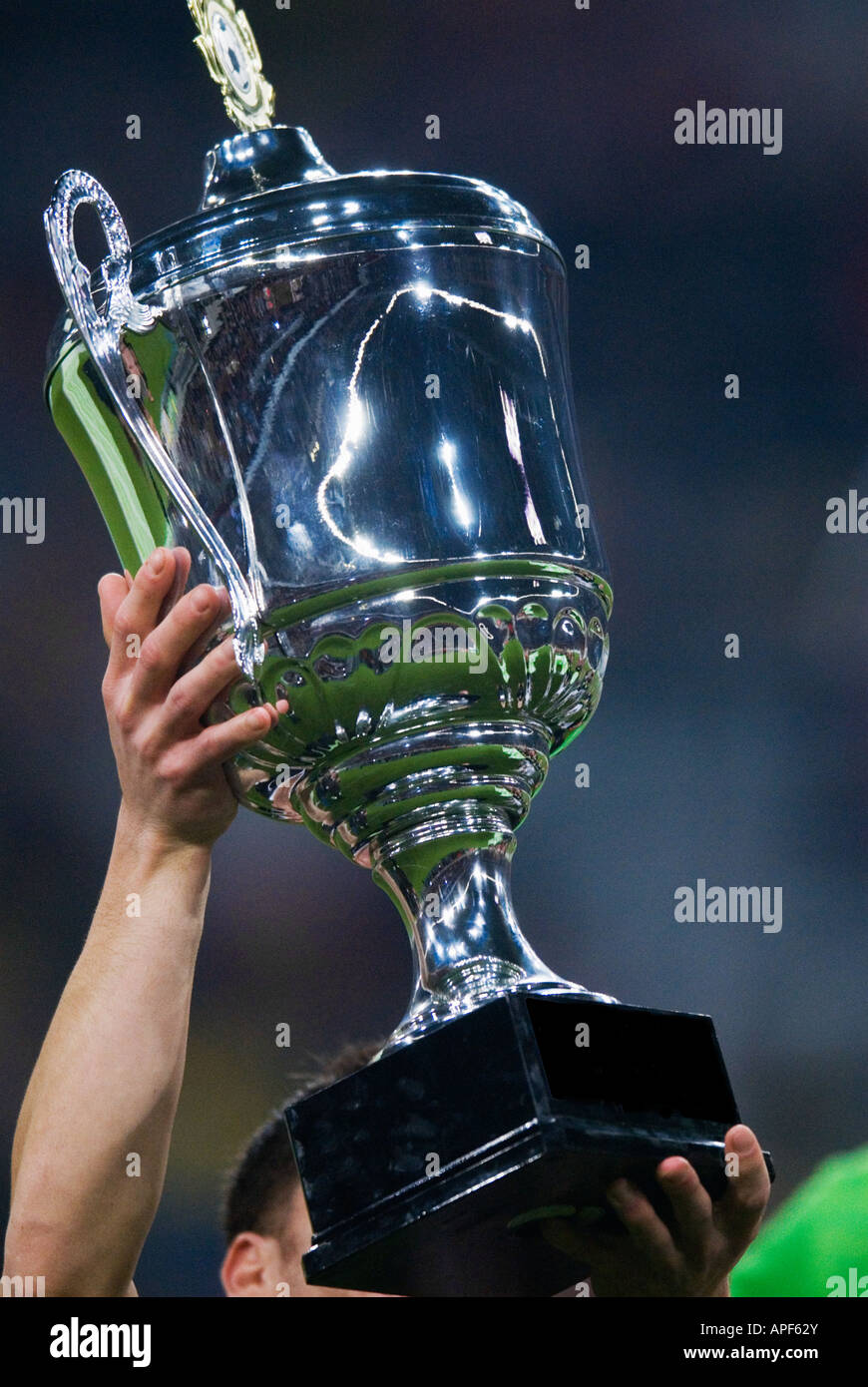 Player is rising up a soccer trophy Stock Photo - Alamy