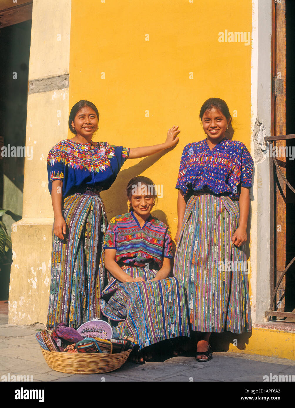 Guatemala Three young Indian women wearing traditional costume Stock ...