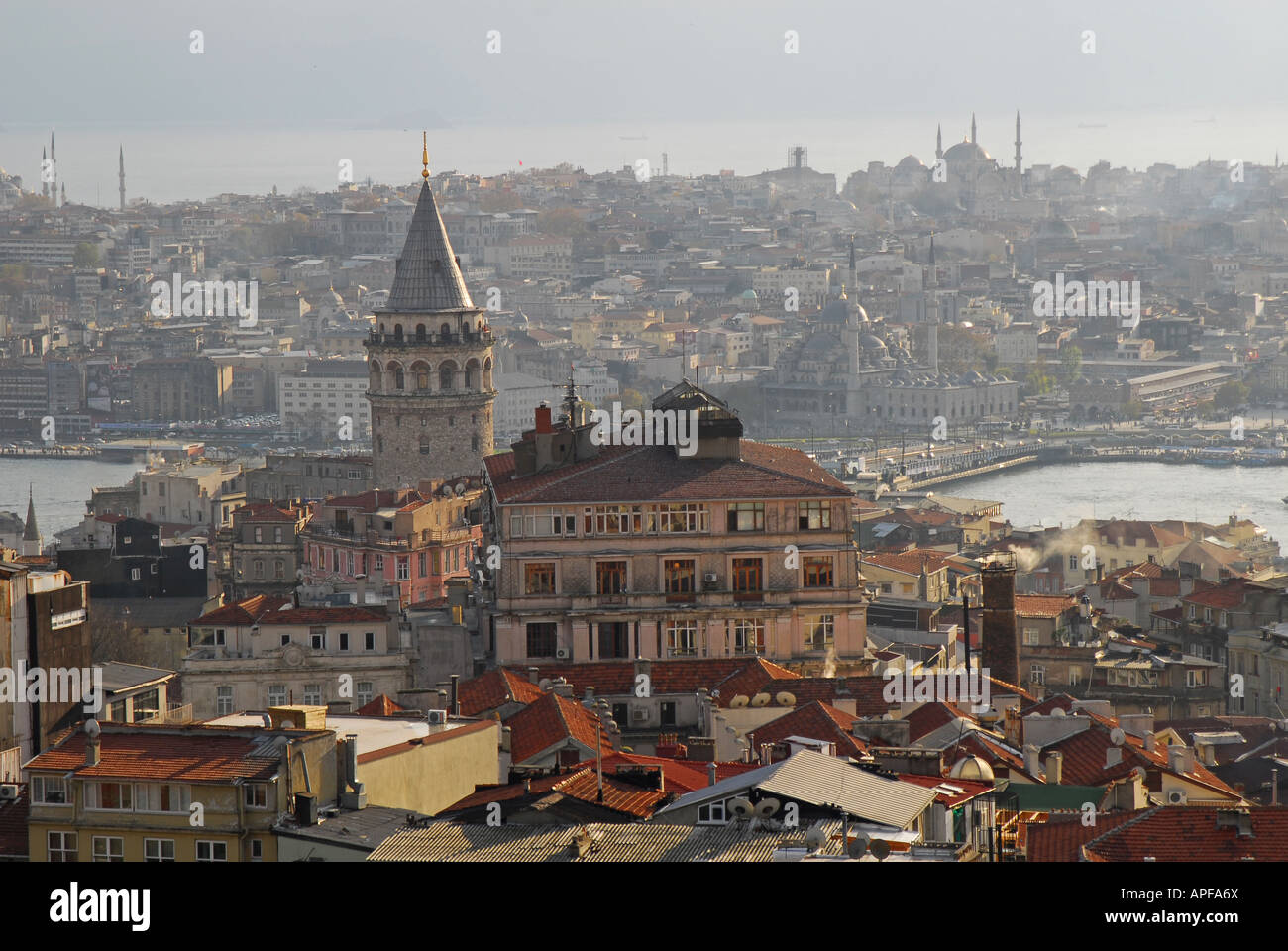 ISTANBUL, TURKEY. An evening view of Beyoglu district, with the Galata ...