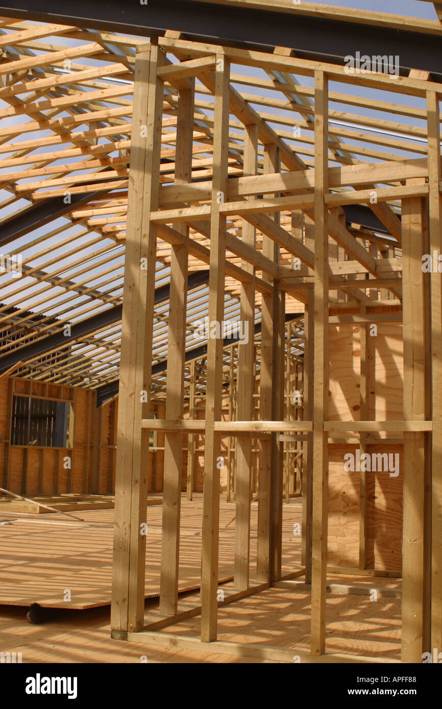 Wooden internal structure walls and frame in a new office building ...