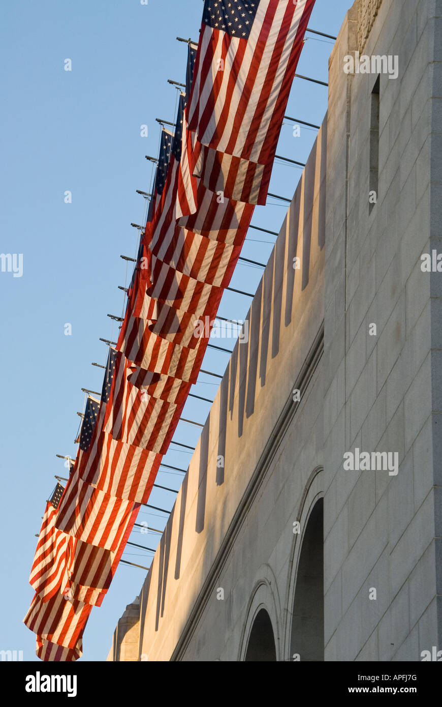 American flags at sunset City Hall building Los Angeles California ...